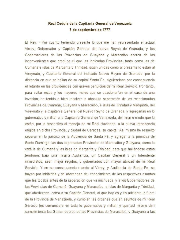 Real Cédula de 1777: Capitanía Venezuela | PDF | América del Sur