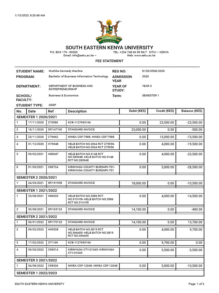 SEKU Student Fee Statement | PDF | Financial Services | Accounting