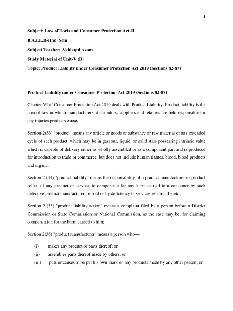 Sec 82-87 - Product Liability (Consumer Protection Act, 2019) | PDF ...