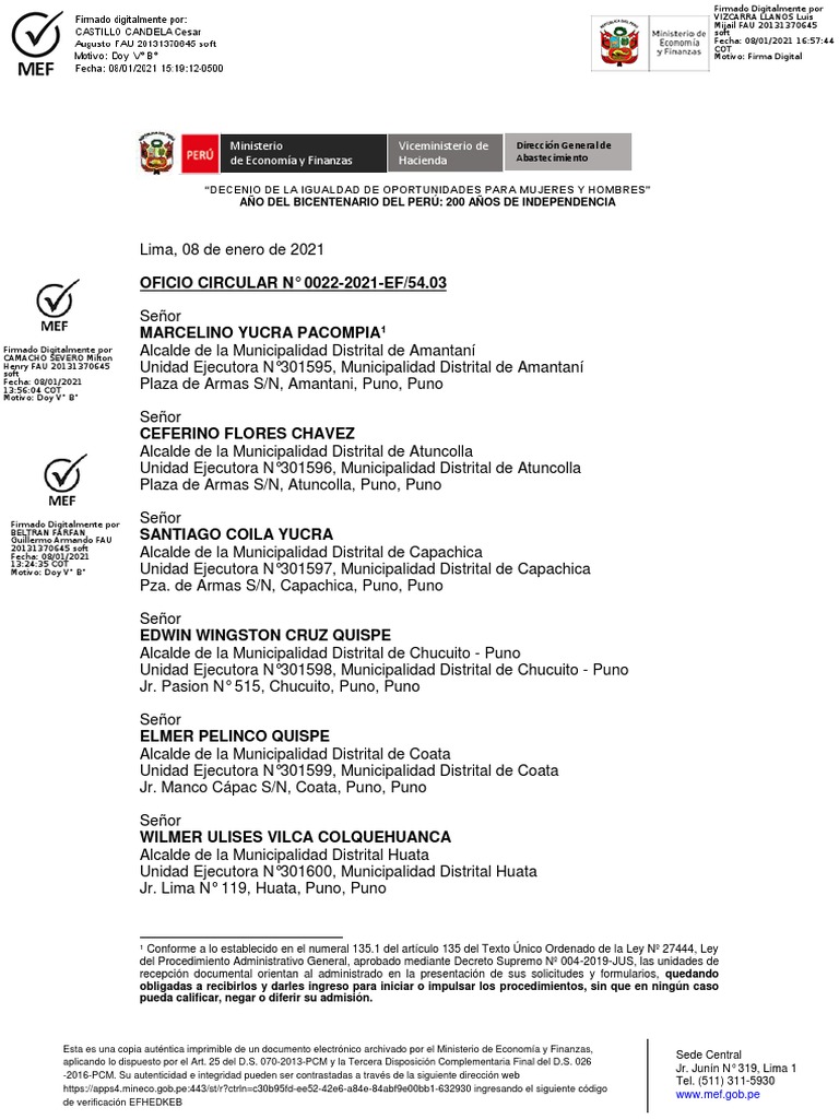 Oficio Circular N 0022 2021 Ef 54.03 | PDF | Perú | Lima