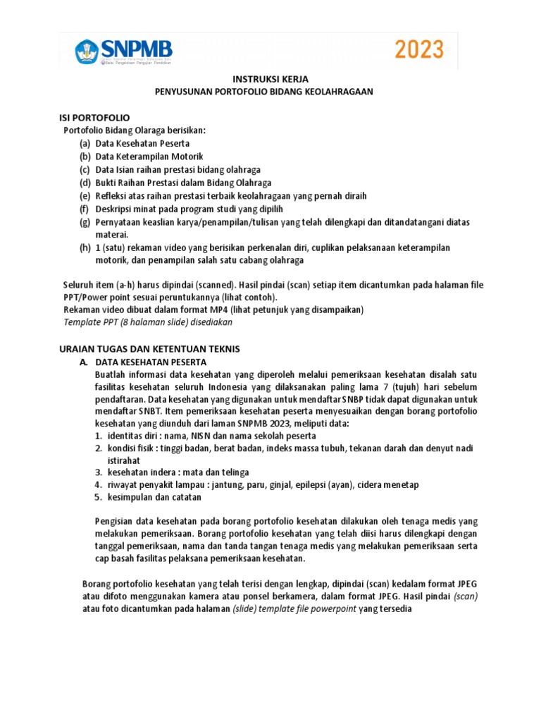 00 Instruksi Kerja Penyusunan Portofolio Olahraga (2023) | PDF
