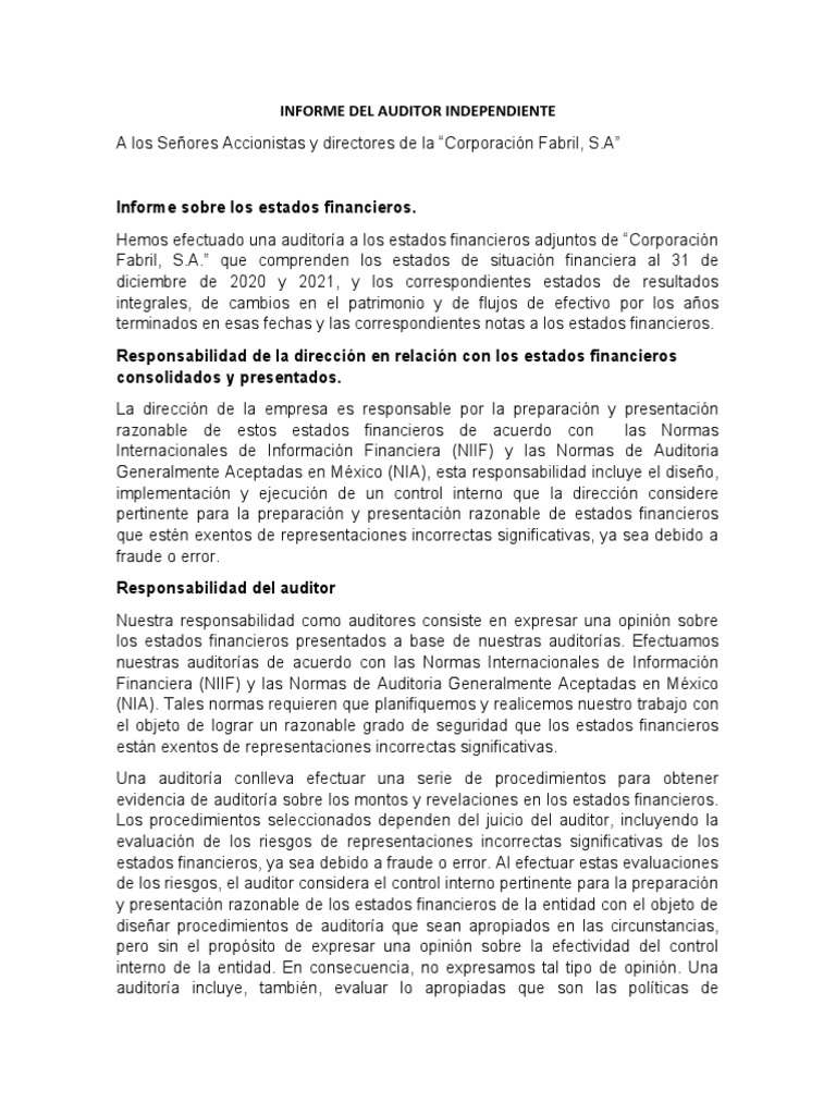 Informe Del Auditor Independiente | PDF | Auditoría | Estado financiero