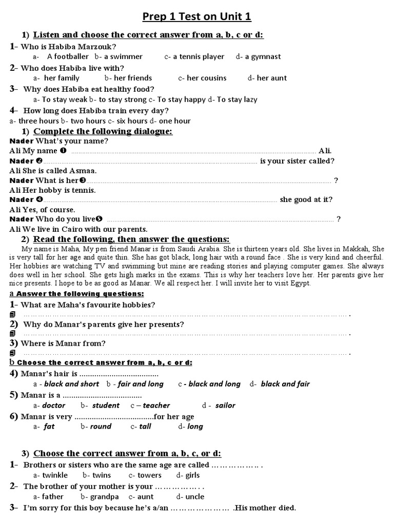 Prep 1 Test On Unit 1 | PDF