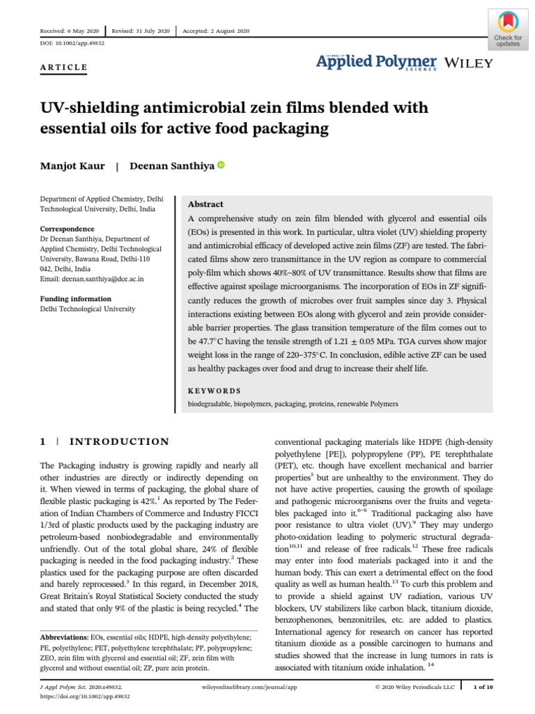 UV-shielding Antimicrobial Zein Films Blended With Essential Oils For Active Food Packaging ...