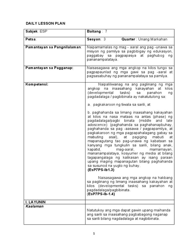 Lesson Plan - EsP7 - Q1 - Session3 | PDF
