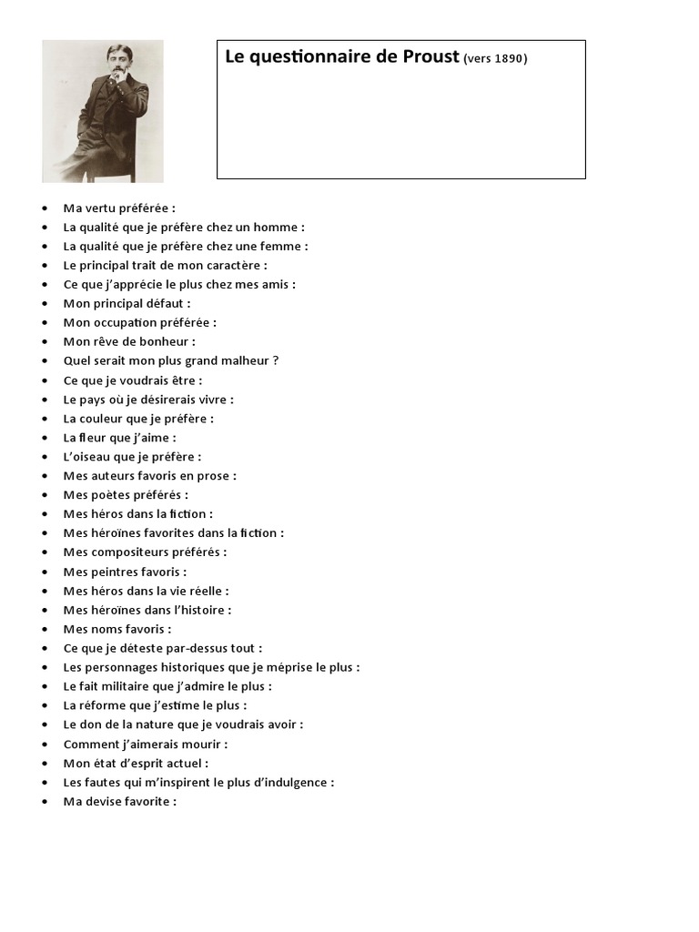 Questionnaire de Proust à compléter | PDF | Poésie | Fiction générale