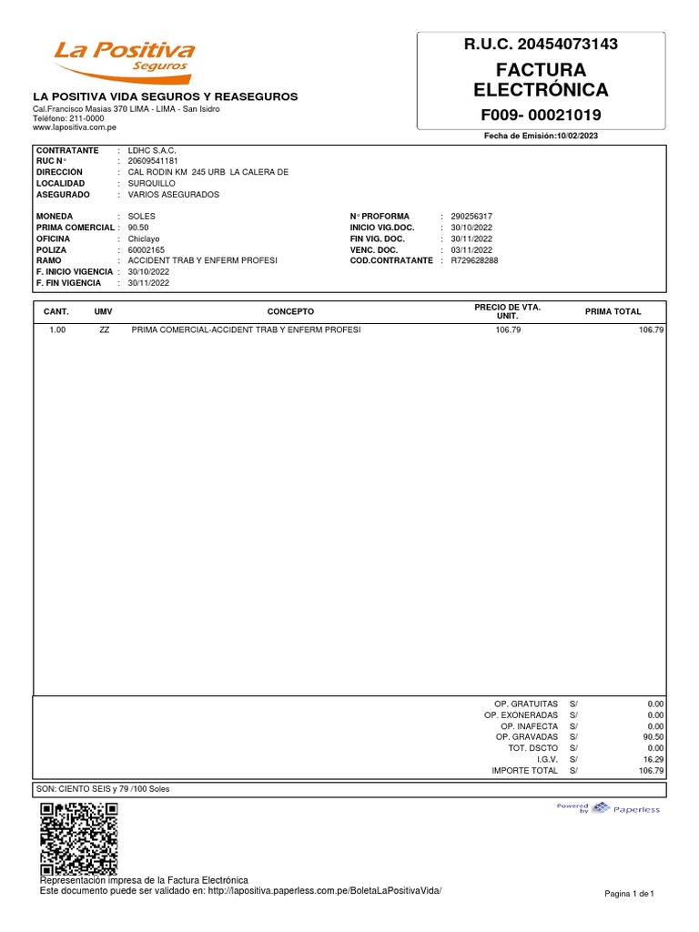 Factura Electrónica: La Positiva Vida Seguros Y Reaseguros | PDF