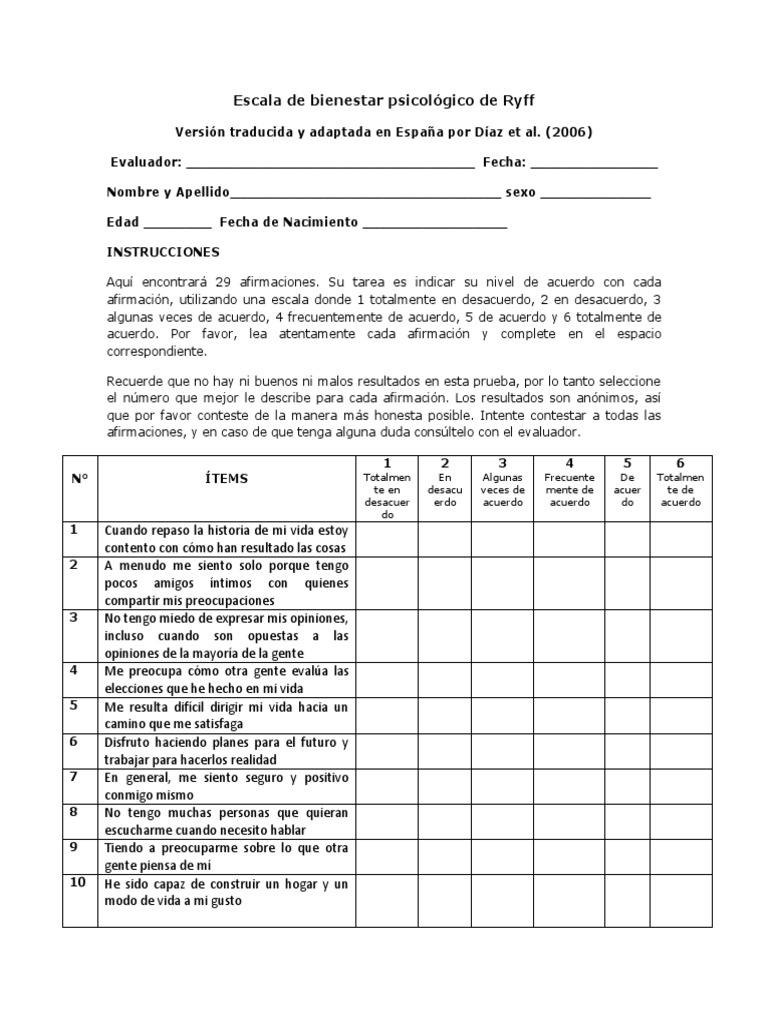 Escala de Bienestar Psicológico de Ryff | PDF | Bienestar | Sicología