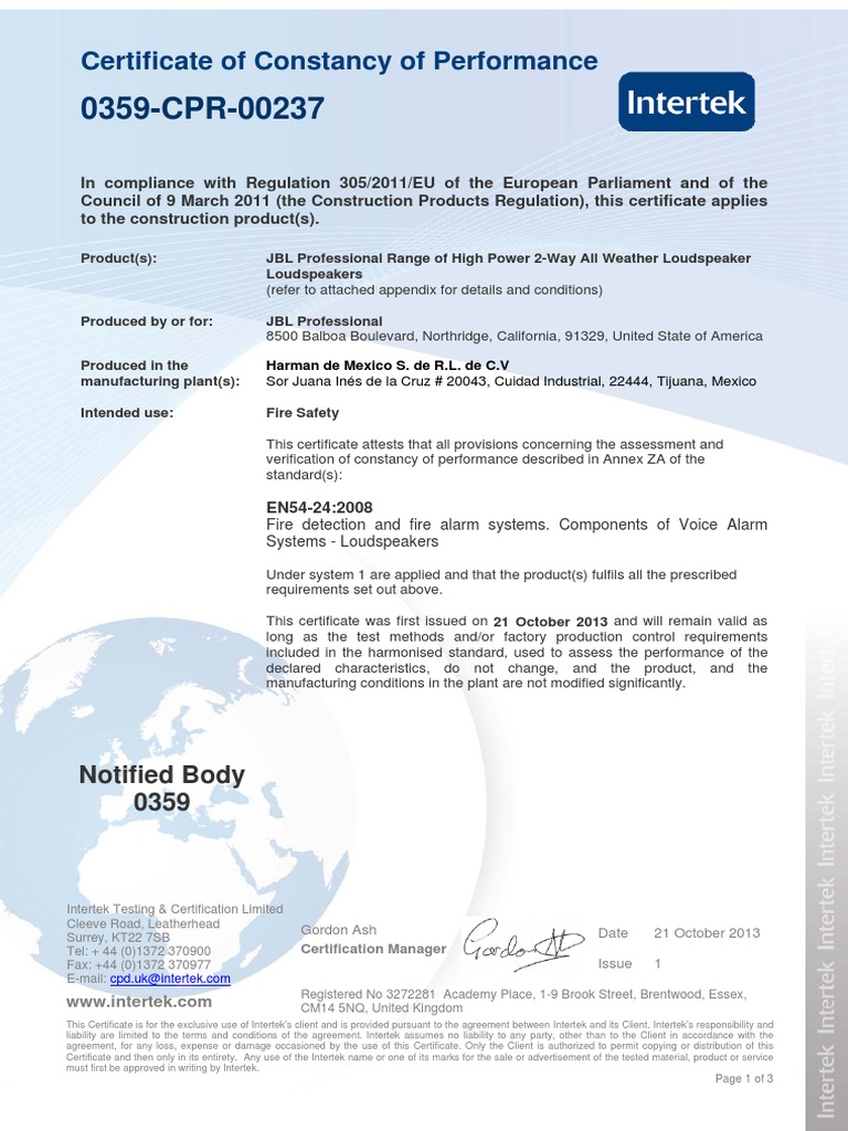 Intertek Certificate for JBL Loudspeakers | PDF