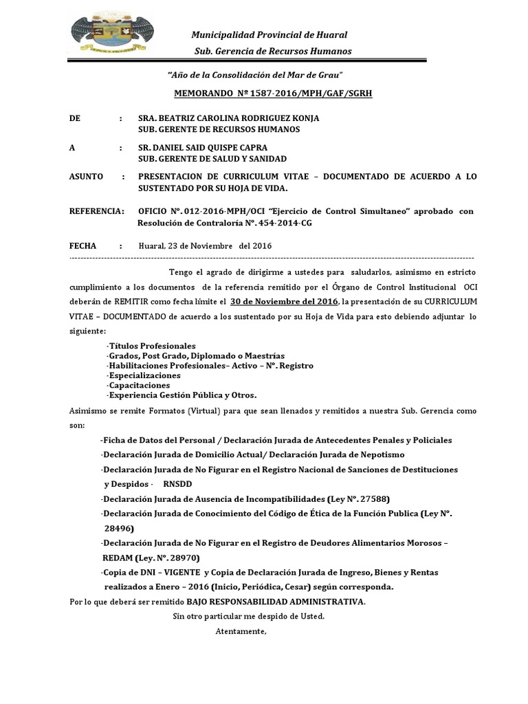 Informe Requerimiento Curriculum Vitae Funcionarios Segun Oci Noviembre ...