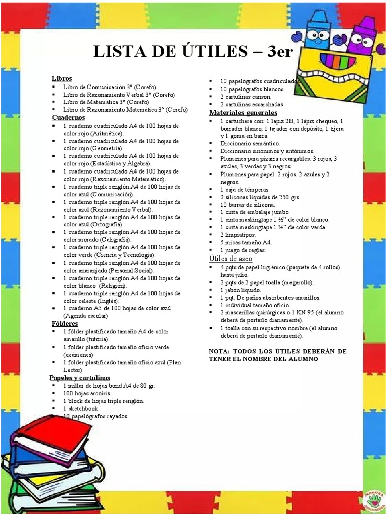 LISTA DE UTILES 3ER Grado - 2023 | PDF | Matemáticas