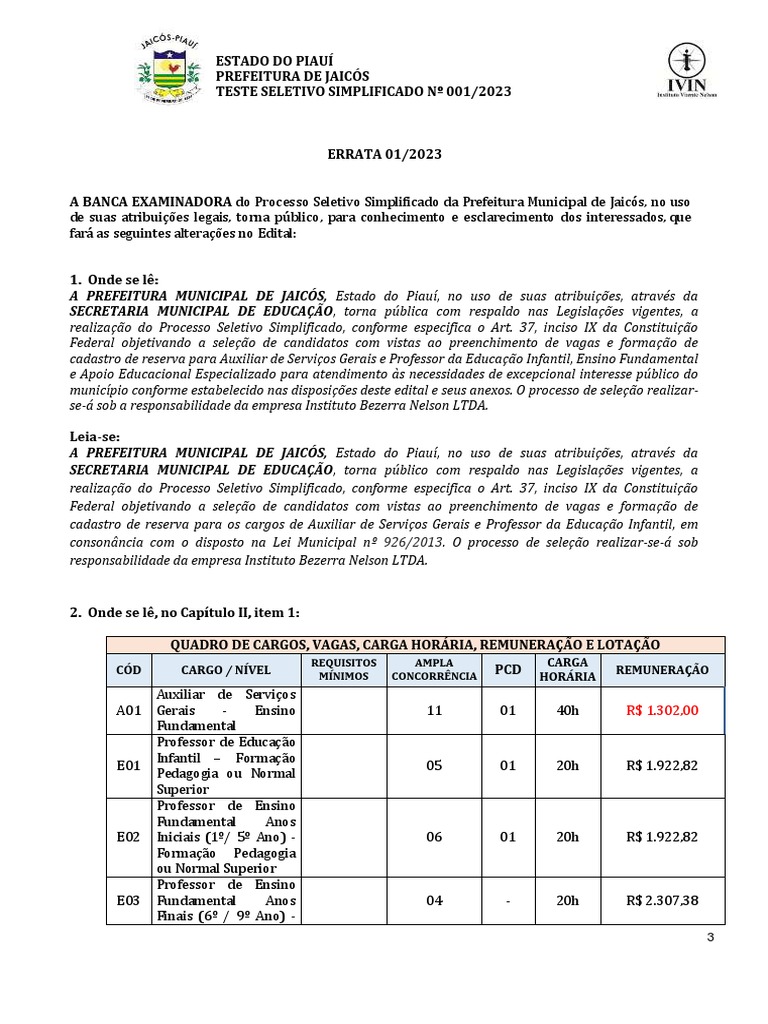 Errata 001 2023 | PDF | Pré-escola