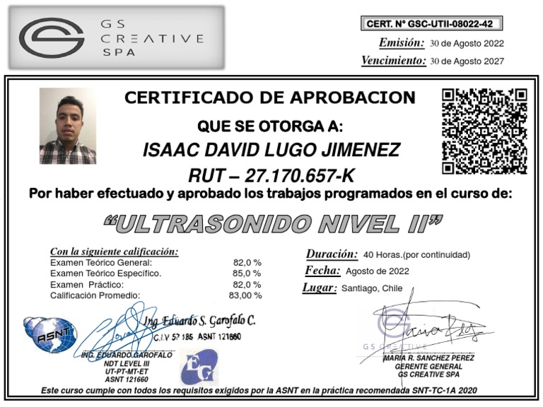 Certificado Ultrasonido Nivel II ASNT | PDF