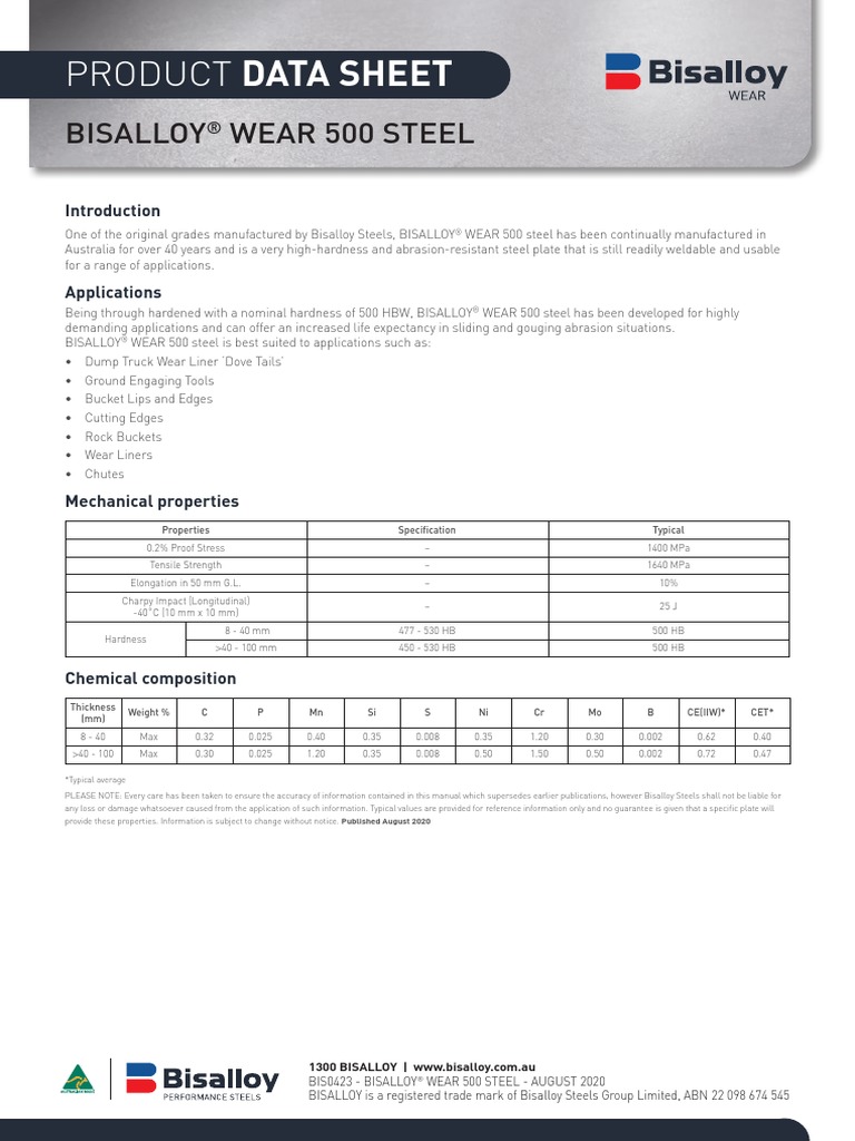 Data Sheet BISALLOY 500-STEEL | PDF | Steel | Wear