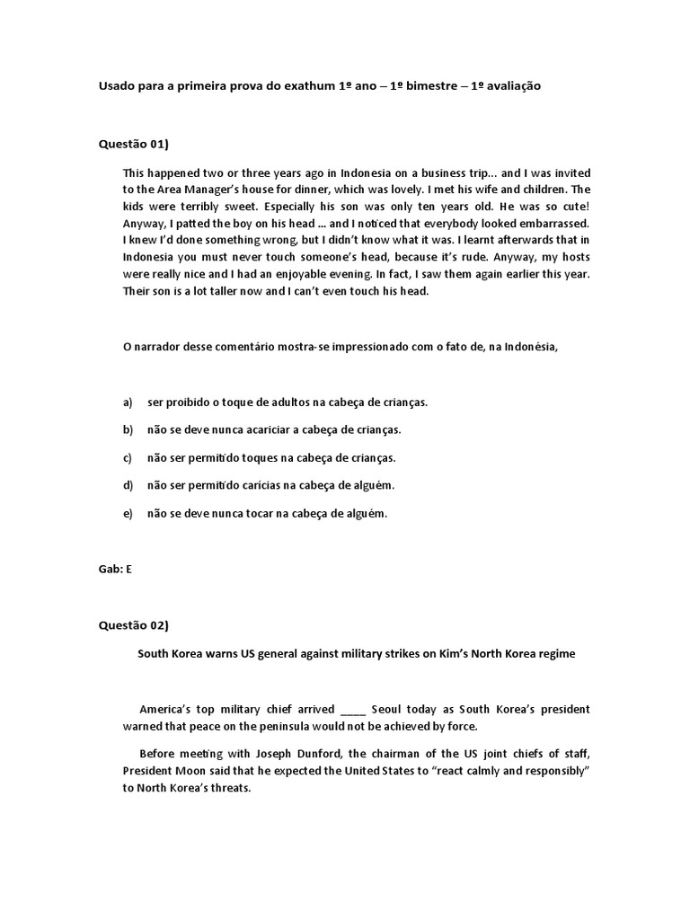 Questões de Inglês Com Resposta. Interpretação de Texto | PDF