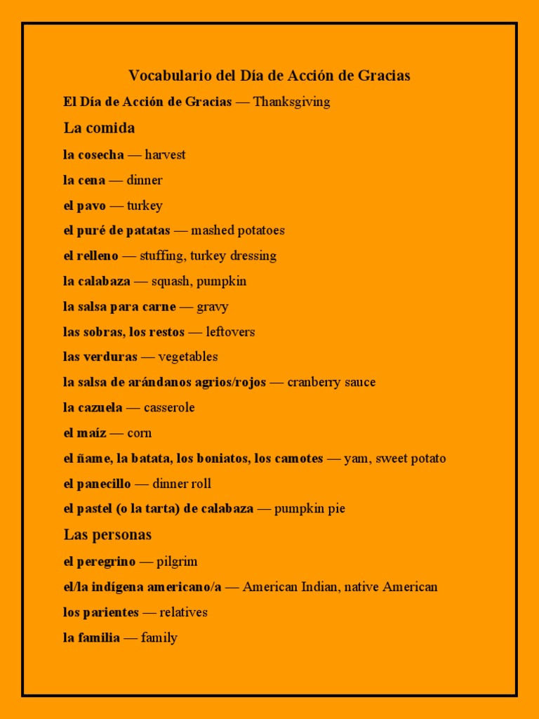 Voccabulario Del Dia de Accion de Gracias | PDF
