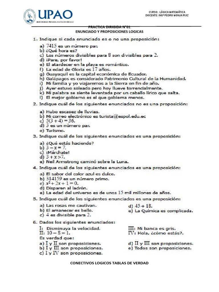Practica Dirigida N01 Enunciado, Proposiciones Logicas. y Tablas de Verdad | PDF | Proposición ...