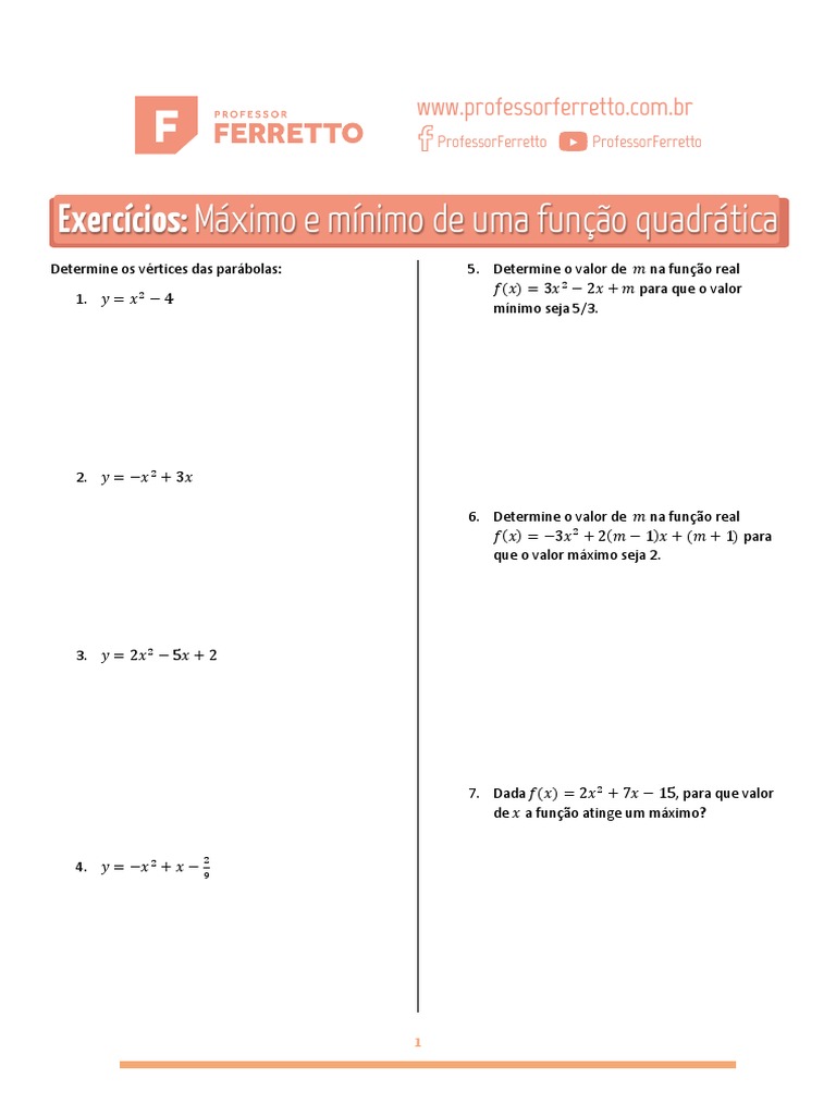 Exercícios sobre Máximos e Mínimos Quadráticos | PDF | Triângulo ...