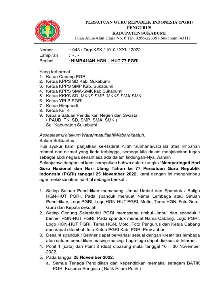 Surat Edaran - Hut Pgri-Hgn - 2022 | PDF