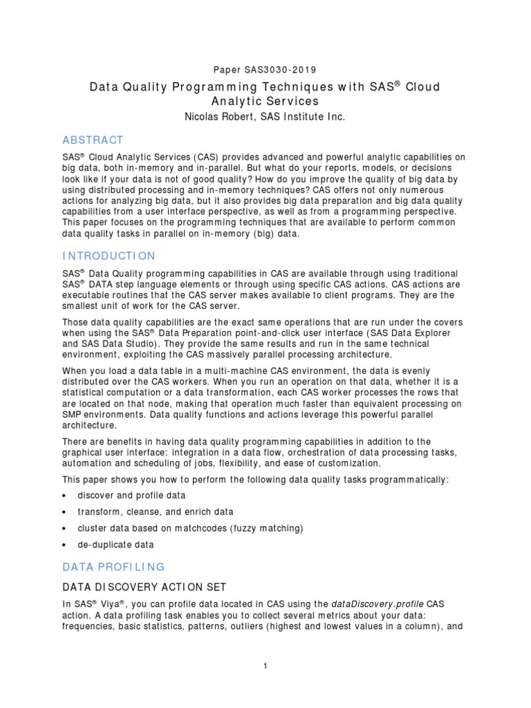 Data Quality Programming Techniques With SAS Cloud Analytic Services | PDF | Sas (Software ...
