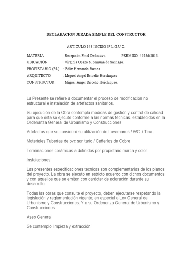 Declaracion Jurada Simple Del Constructor Artículo 143 | PDF