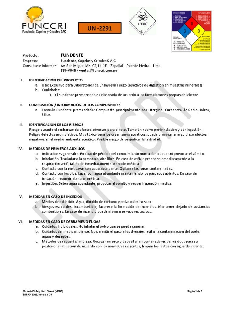 MSDS - Fundente | PDF | Agua | Toxicidad