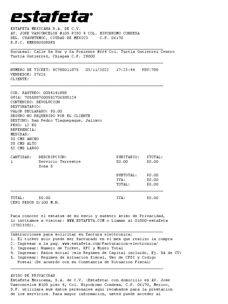 Ticket de Compra Estafeta SC78D011875 2022-11-03 | PDF | Industrias de ...
