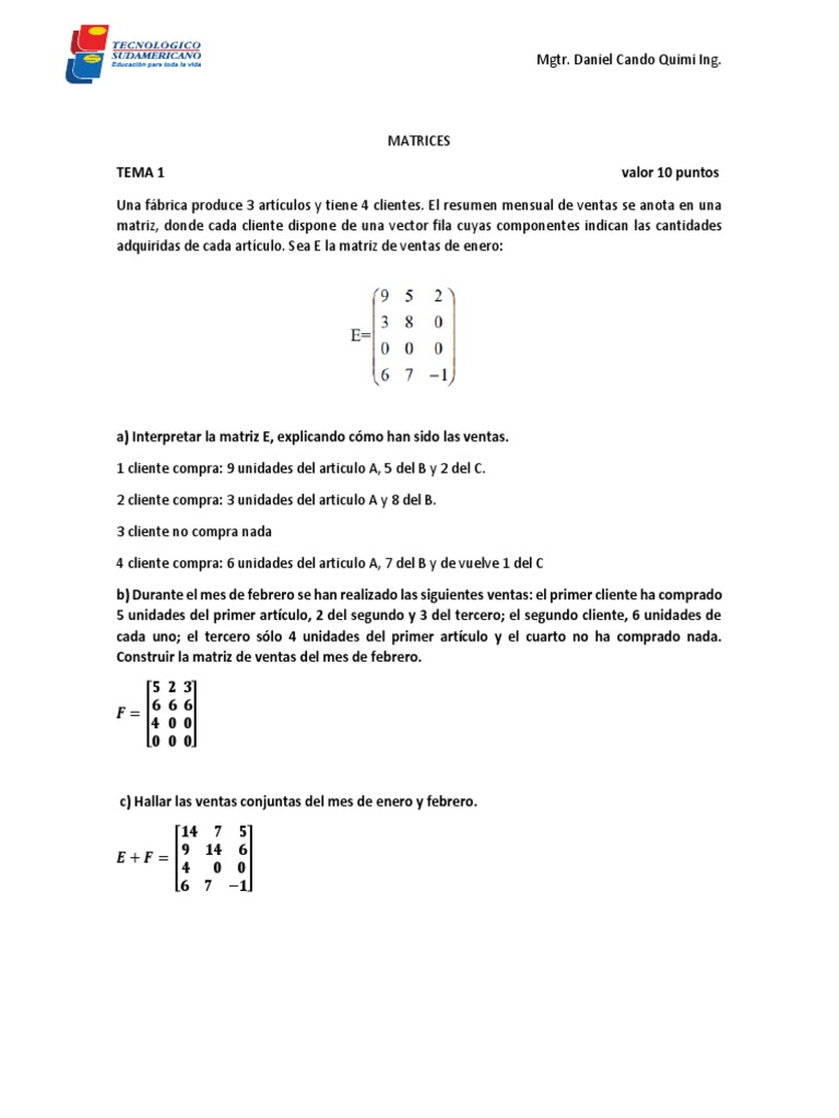 Matrices Deber | PDF | Matriz (Matemáticas) | Álgebra lineal