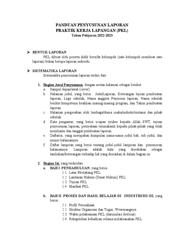 Panduan Penyusunan Laporan PKL TP.2022-2023 | PDF