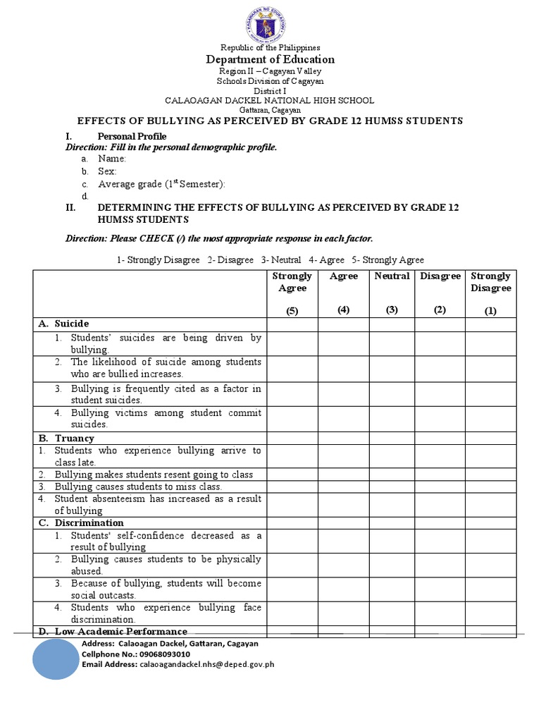 Questionnaire | PDF | Bullying | Injustice