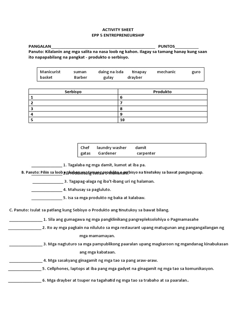 Activity Sheet Eppa Entrep Week 1 | PDF