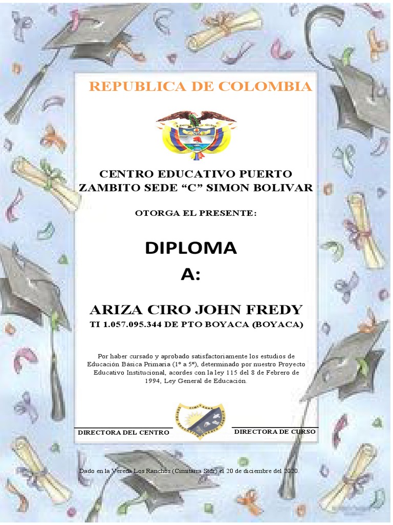 Diploma Sede C Simon Bolivar Grado Quinto 2020 | PDF