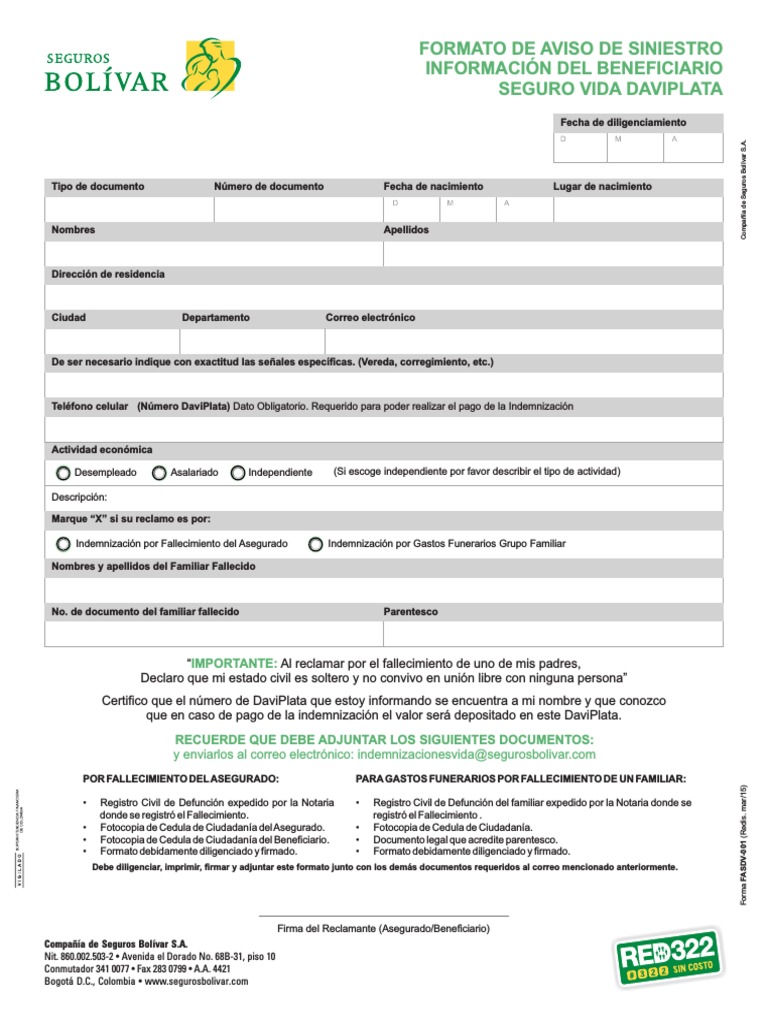 Forma Editable Fasdv-001 - Formato Aviso de Siniestro - Seguro Vida Daviplata - 3 | PDF