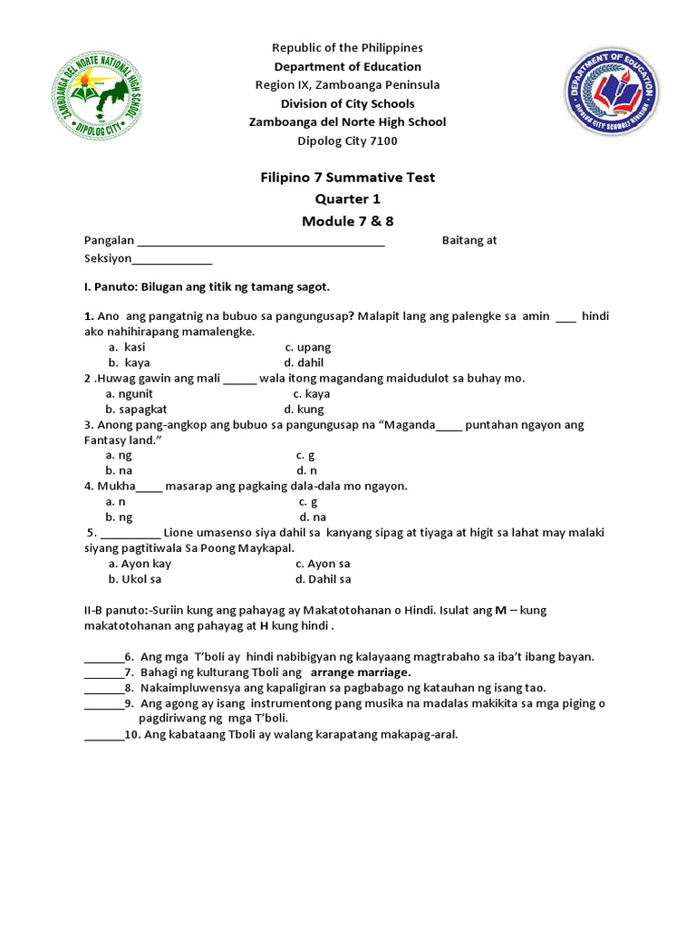 Fil7 - Q1 - Ikaapat Na Lagumang Pagsusulit | PDF