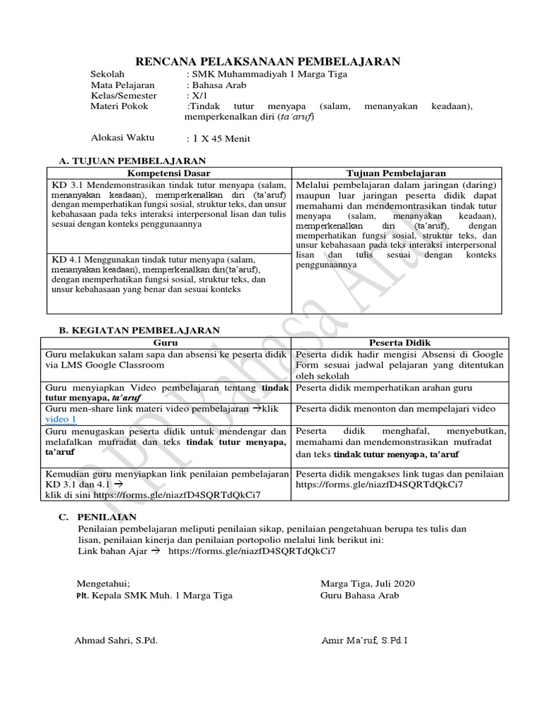 Amir Ma'ruf - RPP Bahasa Arab Kelas X SMK Muhima - Belajar Daring - TP 2020.2021 - Pertemuan1 ...