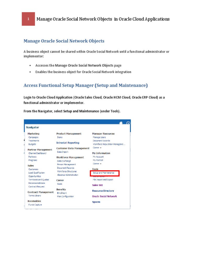 Enable Social Objects From Functional Setup Manager Pdf Cloud