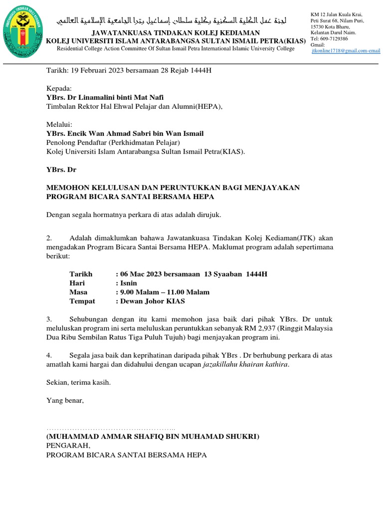 Memo Permohonan Kelulusan dan Peruntukan Bagi Program Bicara Santai ...