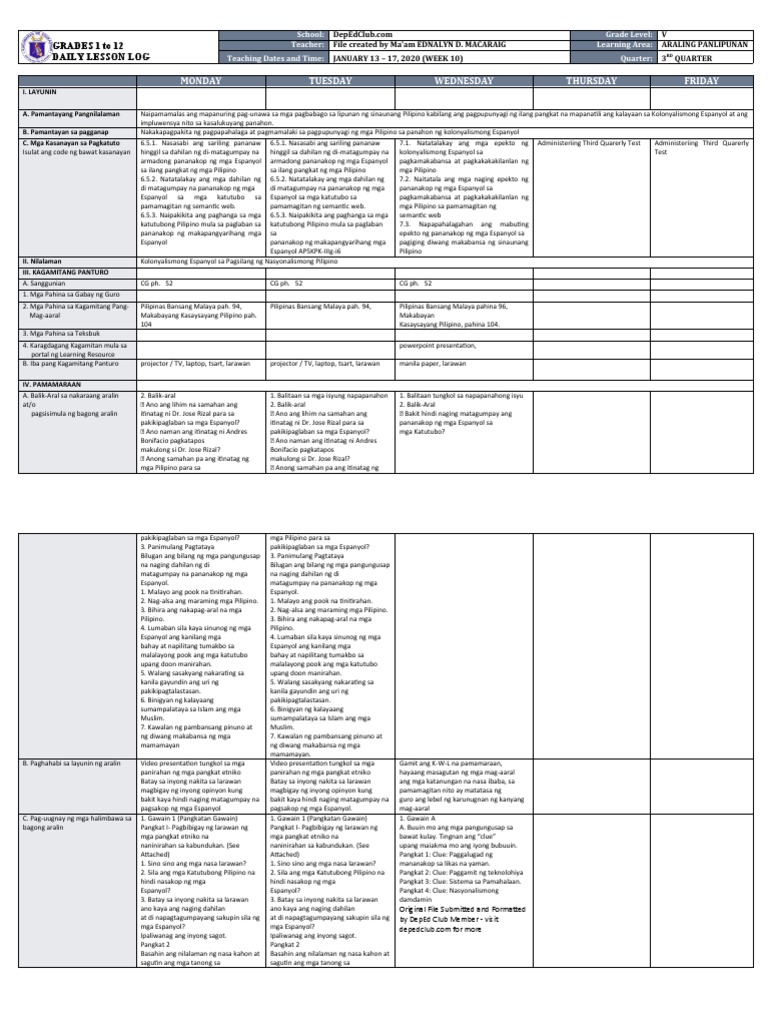 DLL_ARALING PANLIPUNAN 5_Q3_W10 | PDF