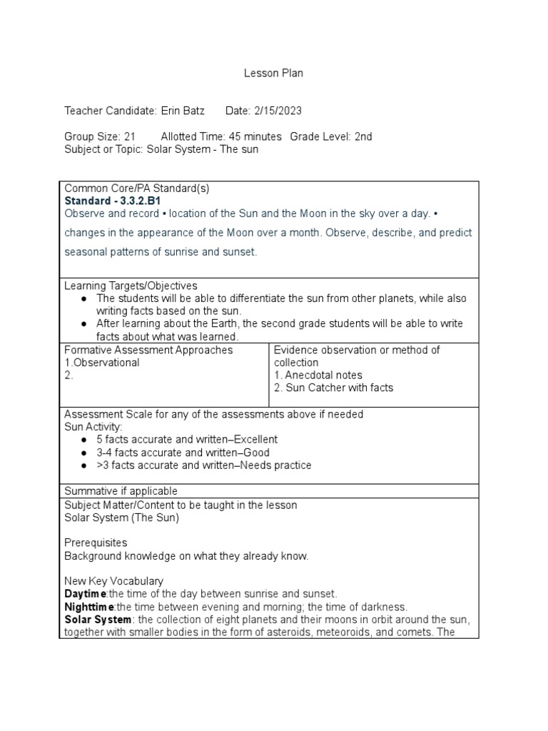 Sun Solar System Lesson Plan | PDF | Solar System | Planets