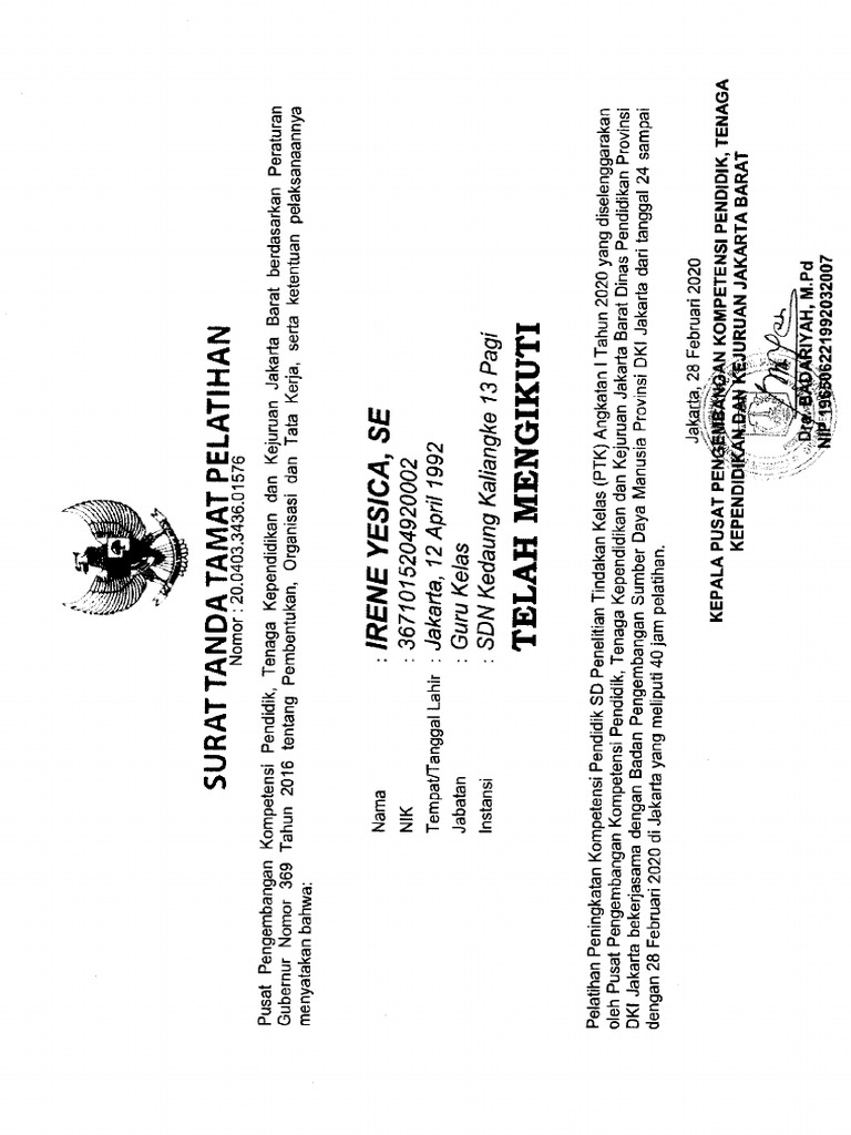 Sertifikat Pengembangan Profesi Guru 2020 Depan Pdf