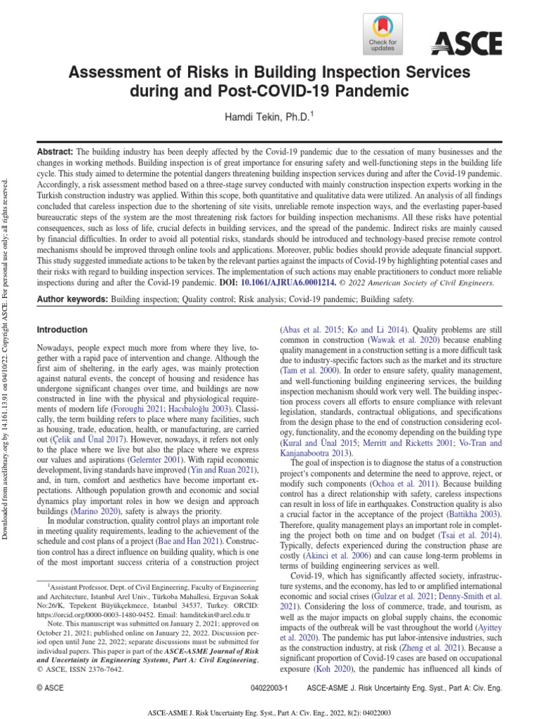 ASCE Journal Assessment of Risks in Building Inspection Servicesduring and Post COVID 19 ...