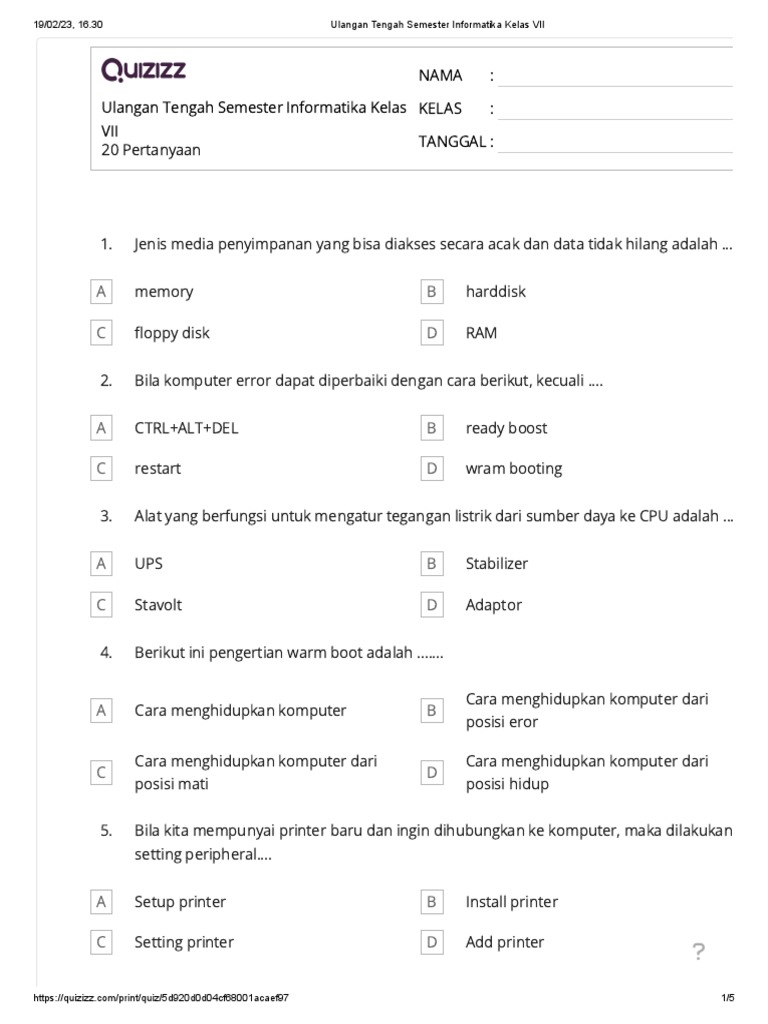 Ulangan Tengah Semester Informatika Kelas VII | PDF