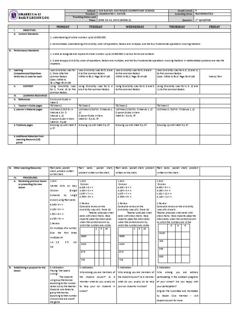 Grade 5 Math DLL: Quarter 1 Week 2 | PDF | Cognitive Science | Behavior ...