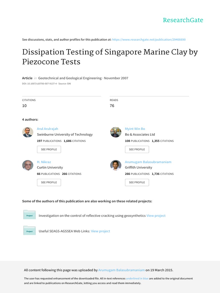 Dissipation Testing of Singapore Marine Clay by Piezocone Tests | PDF ...