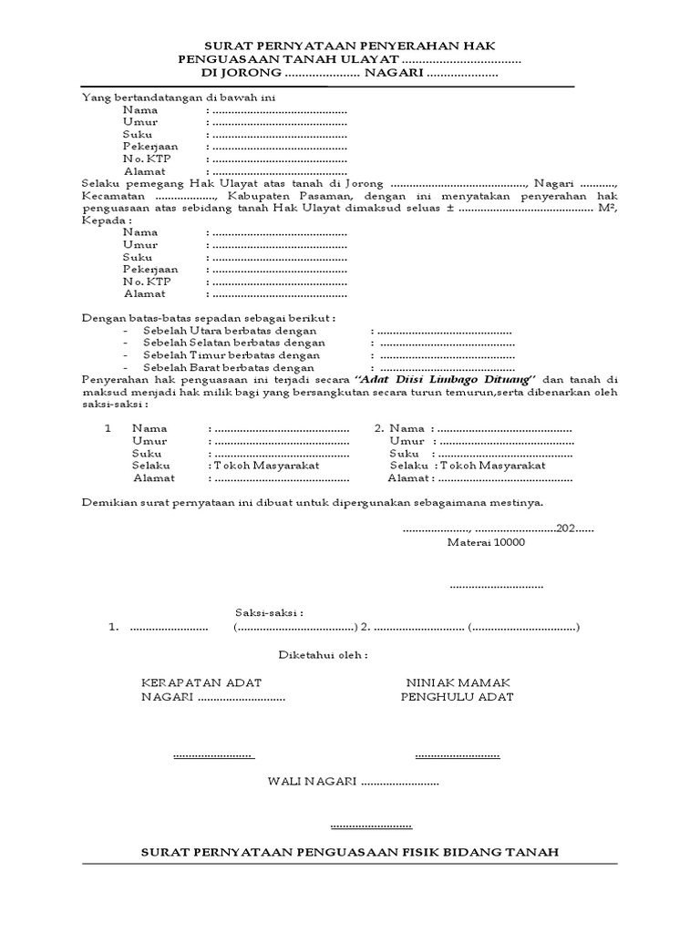 blangko surat penyerahan ninik mamak baru | PDF