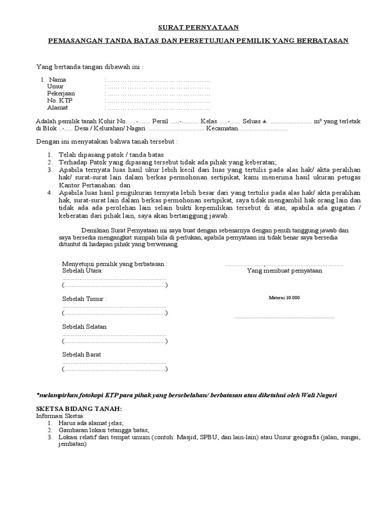 Contoh Surat Pernyataan Pemasangan Tanda Batas | PDF