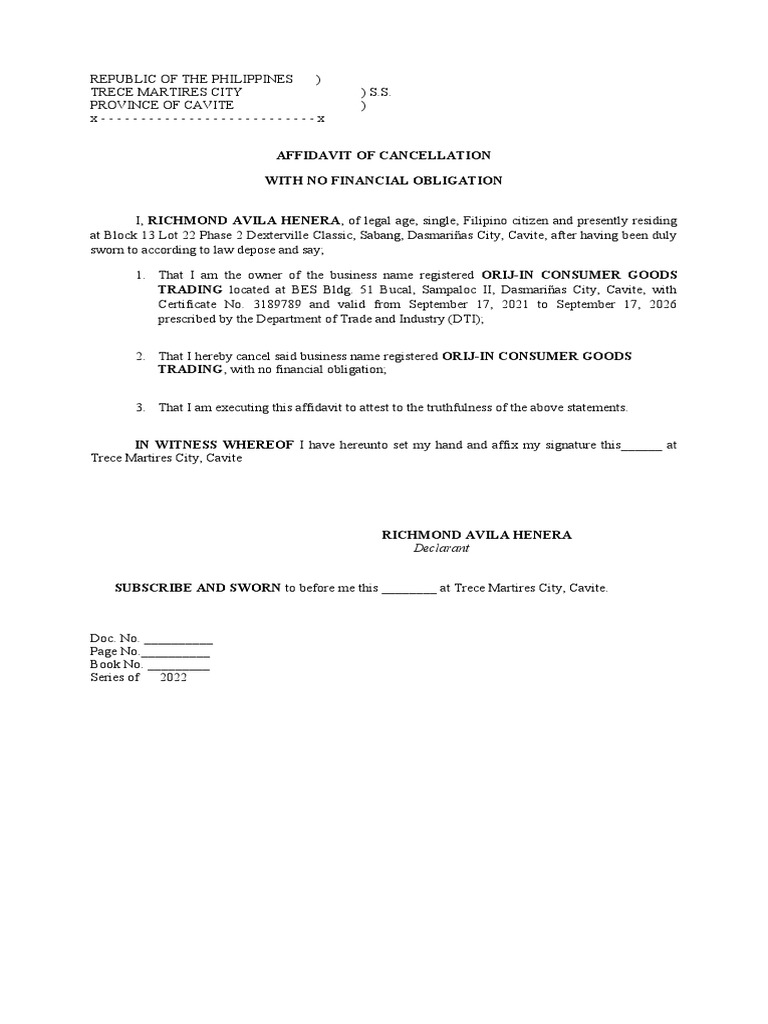 Affidavit of Cancellation With No Financial Obligation | PDF