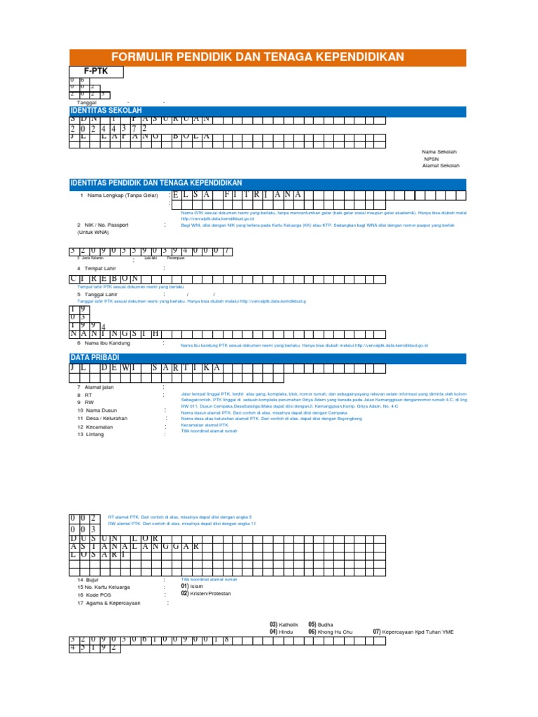 Formulir Pendidik Dan Tenaga Kependidikan: F-PTK | PDF