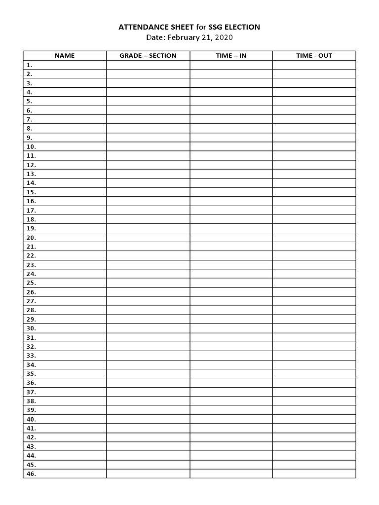 Attendance Sheet For SSG Election | PDF