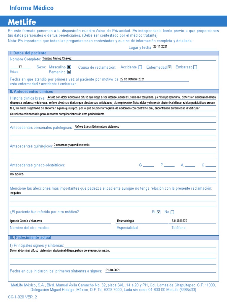 METLIFE Informe Medico | PDF | Privacidad de la información | Medicina ...